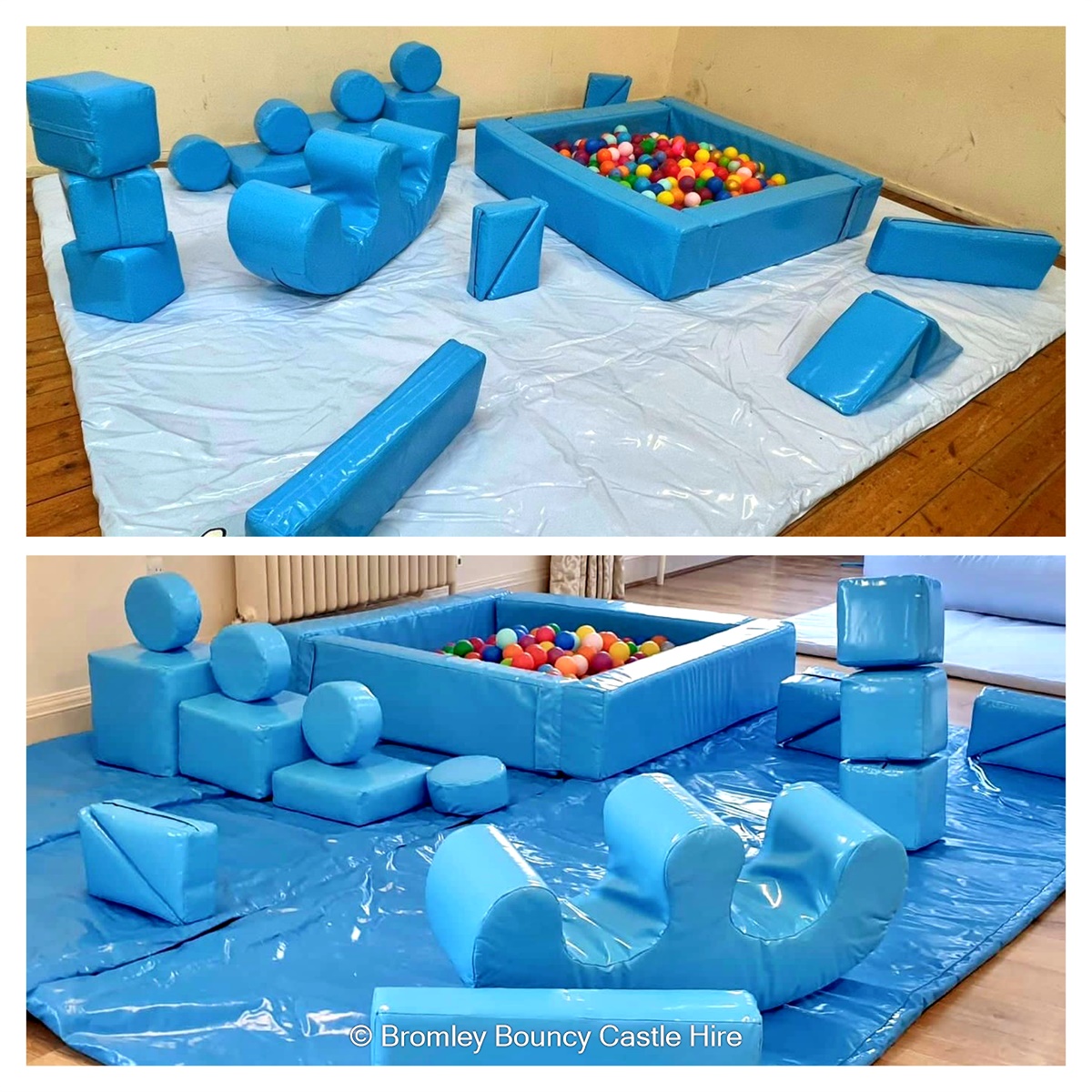 Pastel Blue Bouncy Castle, Soft Play & Ball Pool Air Juggler Hire